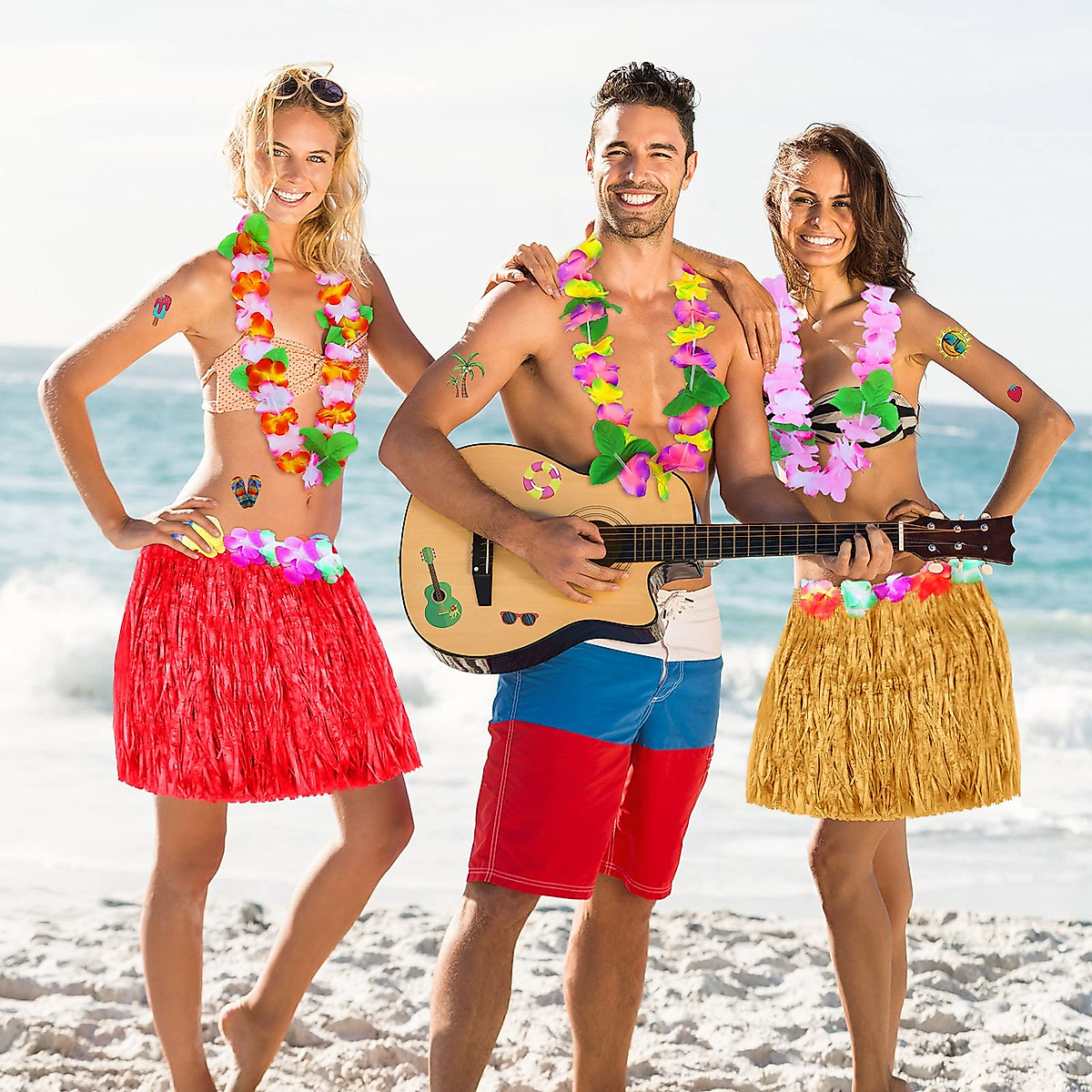 Elcoho 24 Pack Hawaiian Leis Set 8 Pack Hawaiian Grass Skirt 8 Pack Hawaiian Necklaces and 8 Pack Luau Temporary Tattoos for Hawaiian Party Decorations