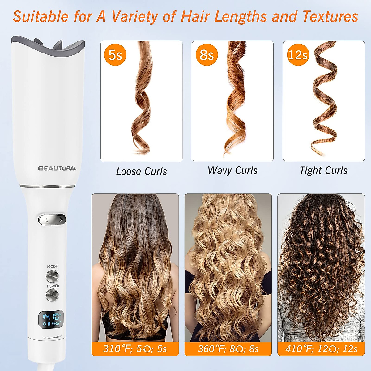 Automatic Hair Curler with 5 Temperature & 13 Curls &10 Timer Settings, 12 Second Fast Heating, Auto Hair Curling Iron Wand with LCD Display & 1" Large Rotating Barrel, Dual Voltage for Travel