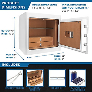 BARSKA Digital Keypad Fireproof Security Jewelry Safe with Suede Lined Drawer, Glass Shelf, Motion Sensor LED - White - 1.01 Cu Ft