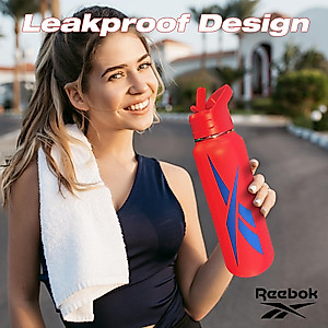 Reebok Stainless Steel Water Bottle With Straw Cap & Athletic Design - Insulated Water Bottles 32 oz - Double Wall Vacuum Insulated Sports Water Bottle With Straw, BPA Free (Red with Blue Vector)