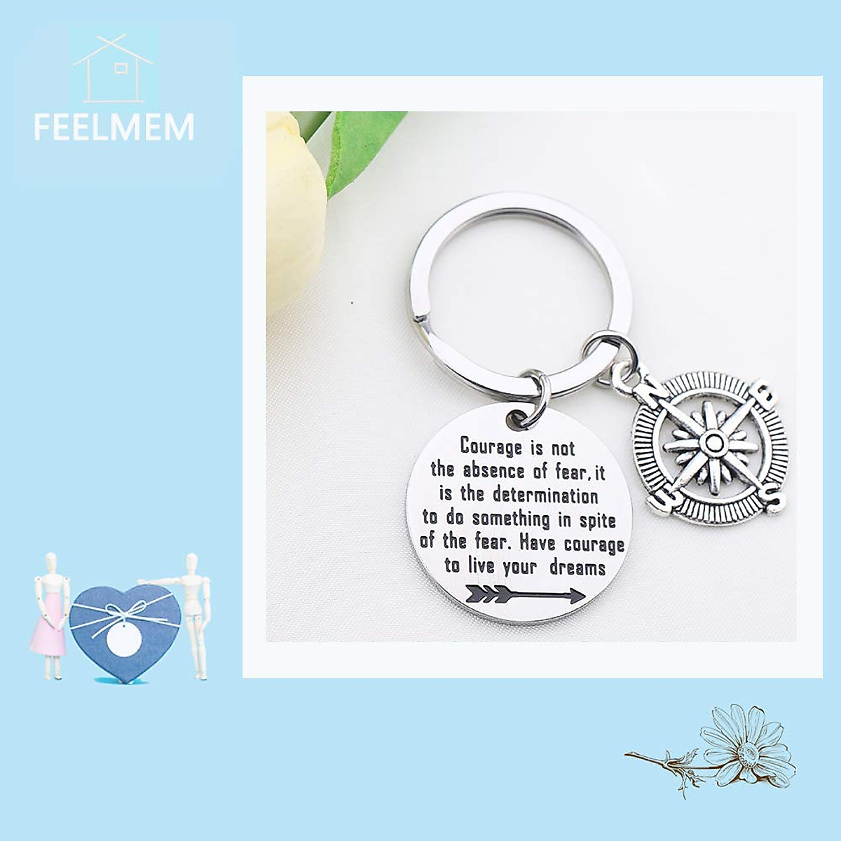 FEELMEM Graduation Gifts Courage Is Not The Absence of Fear Keychain Compass Keychain New Adventure Gift (silver)