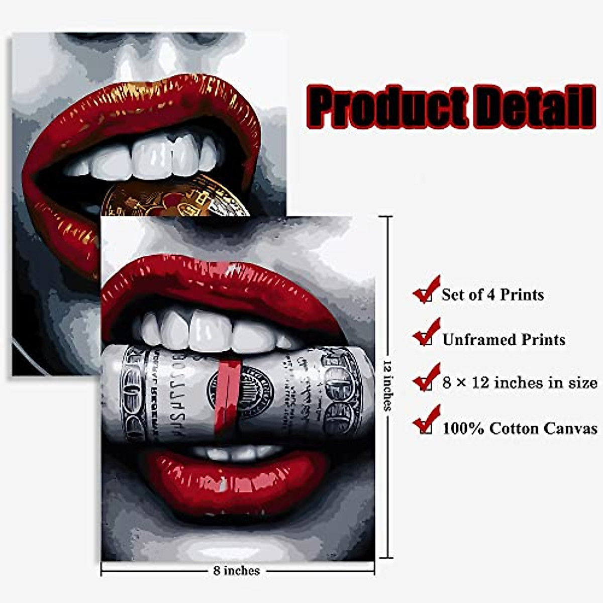 Bnhcoe Fashion Black and Red Pictures for Canvas Wall Decor, Red and Black Lips Room Decor, Burning Dollar Money Wall Art Pictures Prints Posters for Womens Bedroom Decor Set of 4