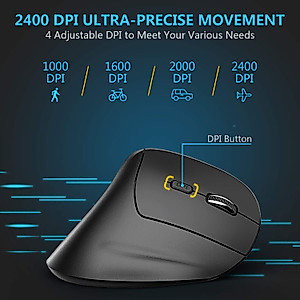 iClever Ergonomic Mouse, WM101 Wireless Vertical Mouse 6 Buttons with Adjustable DPI 1000/1600/2000/2400 Comfortable 2.4G Optical Ergo Mouse for Laptop, Computer, Desktop, Windows, Mac OS, Gray Black