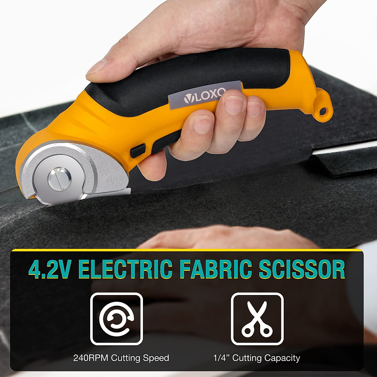 VLOXO Cordless Electric Scissors, Rotary Cutter for Fabric with Safety Lock, 4.2V Cardboard Cutter Multi-Cutting Tools, Rechargeable Powerful Fabric Cutter for Carpet Leather Felt with Storage Box