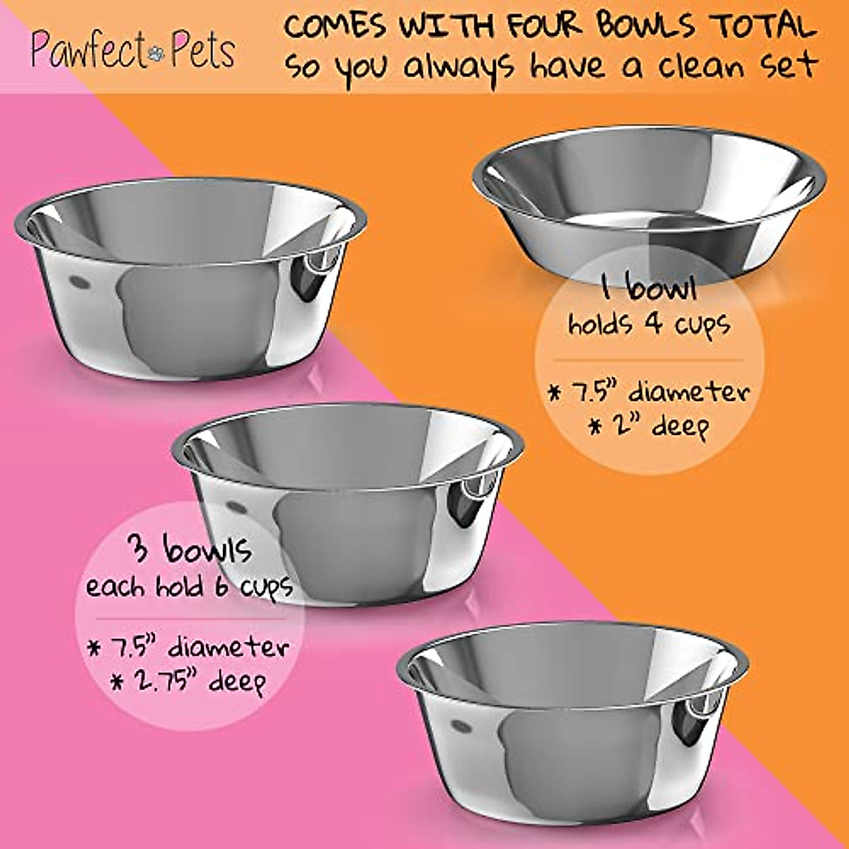 Pawfect Pets Elevated Dog Bowl Stand- 7" Raised Dog Bowl for Medium Dogs. Pet Feeder with Four Stainless Steel Bowls.