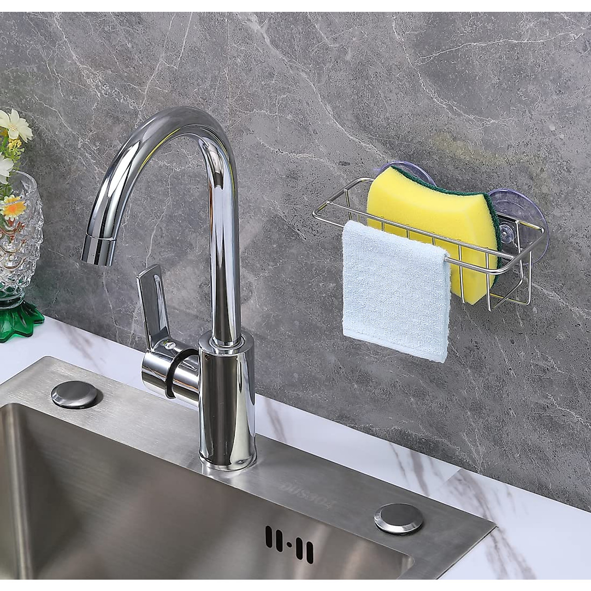 TESOT Sink Caddy Sponge Holder Dish Cloth Hanger 2 in 1 with Upgraded Suction Cups or Adhesive, SUS304 Stainless Steel, No Drilling, Silver