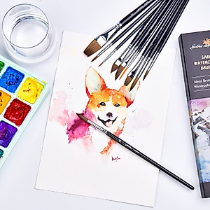 Watercolor Brushes Professional Set, 10 Artist Brushes Watercolor Paint Brushes, Golden Maple Sable Brush Paint Brushes-Round Tip, Flats, Dagger, Oval Wash for Detail Painting, Water Color, Gouache