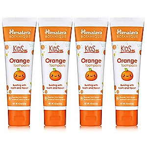 Himalaya Botanique Kids Toothpaste, Orange Flavor to Reduce Plaque and Keep Kids Brushing Longer, Fluoride Free, 4 oz, 4 Pack