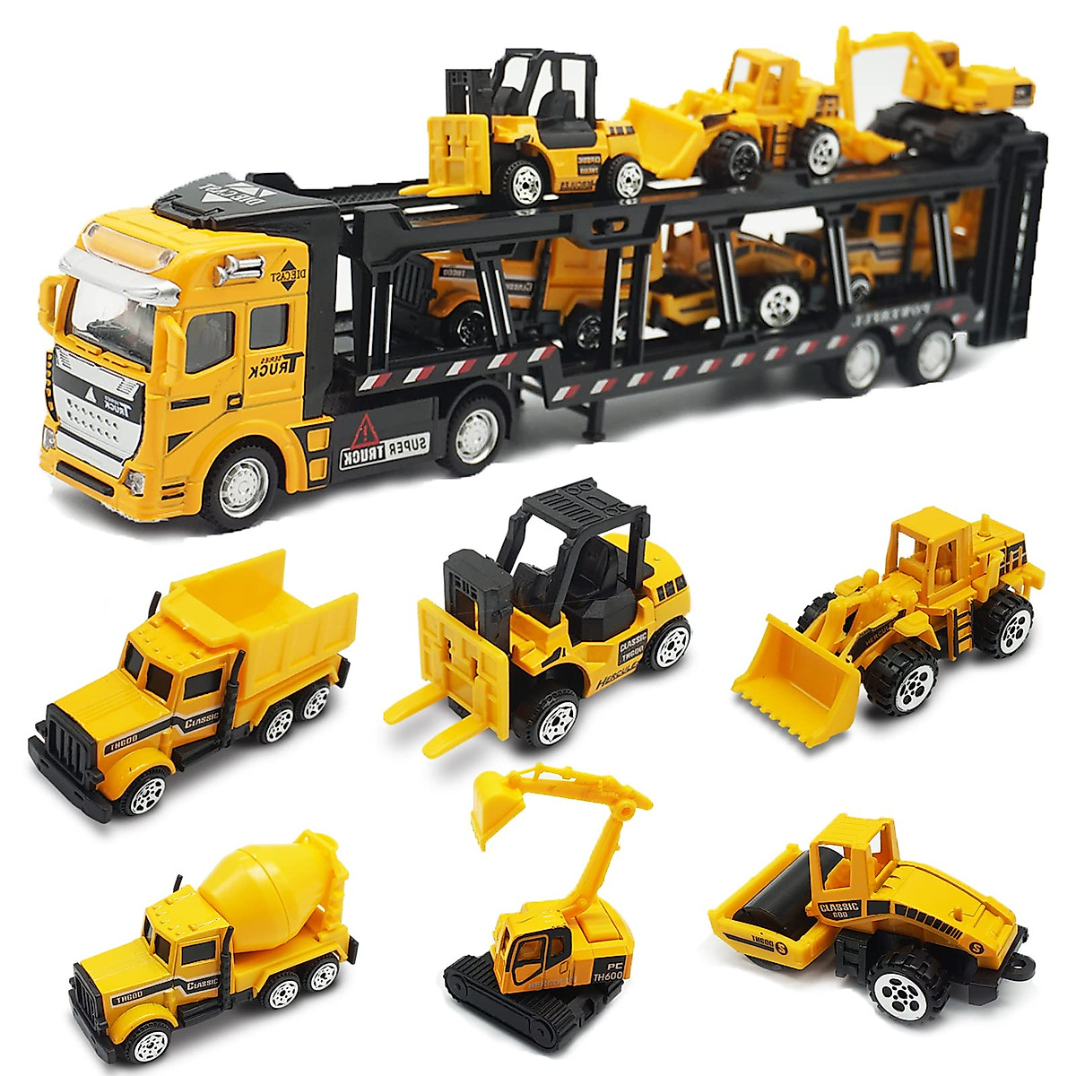 OTONOPI Construction Truck Toy Die-cast Play Vehicle Set with 6pcs Mini Crane Mixer Dump Excavator Car