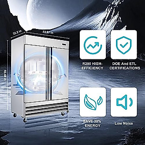 SMETA Commercial Fridge Refrigeration Stainless Steel 47 Cu. Ft Reach in 2 Door Upright Stand Up 2 Section Fan Cooling Refrigerator for Restuarant, Bar, Shop, 54'' Wide Large Capacity