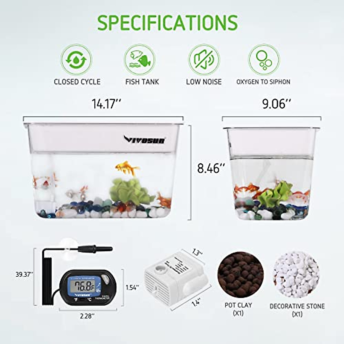 VIVOSUN 3-Gallon Aquaponic Fish Tank, Hydroponic Cleaning Tank for Freshwater Fish to Feed Plants and Plants Clean Tank, Additional Thermostat, Flow Pump, and Ceramsite Included