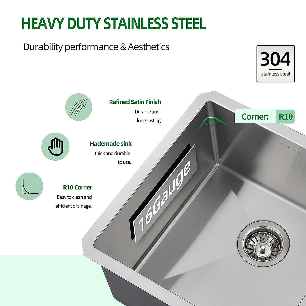 EcoChannels Undermount Kitchen Sink, 18 x 18 x 10 Inch Single Bowl Bar Sink 16 Gauge T-304 Stainless Steel Kitchen Sinks with Accessories