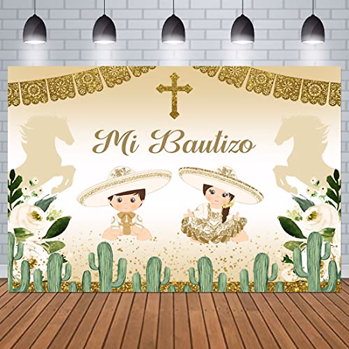 Mi Bautizo Backdrop Boy or Girl First Communion Christening Background Green Cactus Horse Cross Newborn Baby Shower Party Decoration Picture Decor Gold Baptism Banner 7x5ft, LH0D433UU