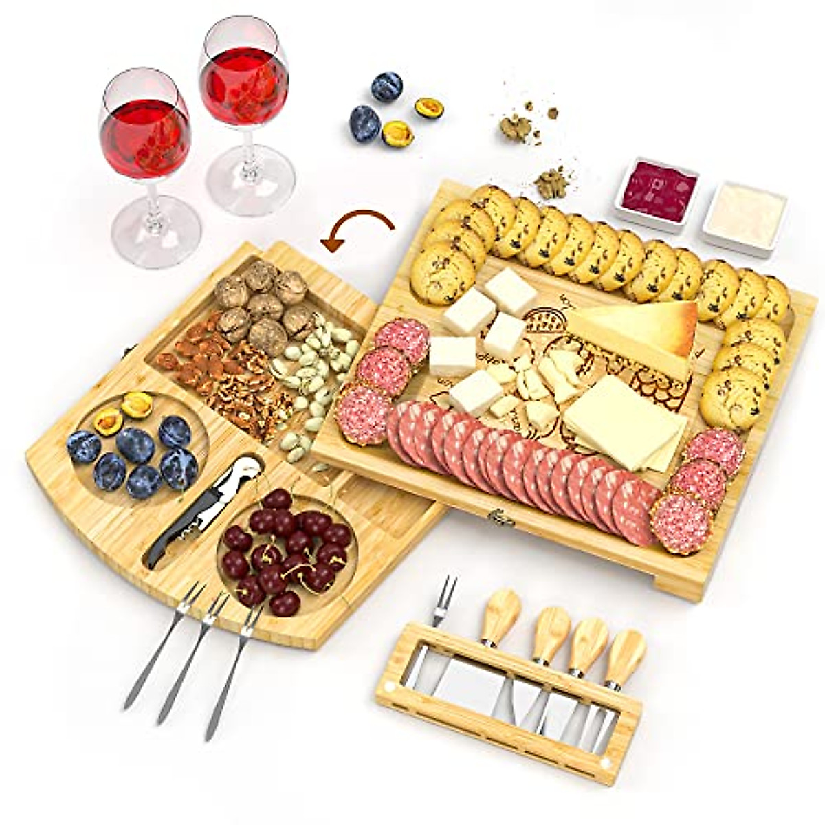 Cheese Board Charcuterie Board Set - Swiveling Wine Meat Cheese Platter Bamboo Cheese Server with Knives, Forks, Wine Opener, Ceramic Bowls for Gathering Party - Warming Gift for Women Friend