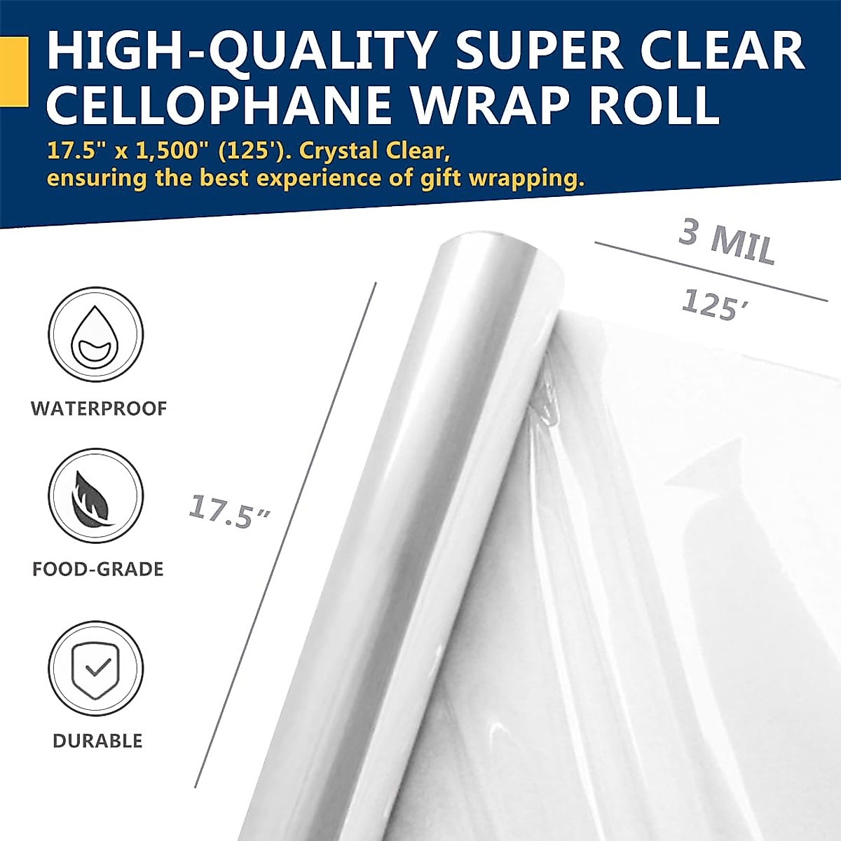 PerkHomy Clear Cellophane Wrap Roll 17.5" x 125' 3Mil Thick Cellophane For Gift Basket Treats Goodie Wrapping Craft Flower Bouquet Plastic (Clear, 17.5"W × 125'L)