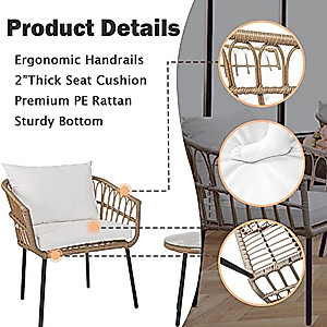 Homsido 3-Piece Outdoor Rattan Patio Furniture Set, Bohemian Simple Wicker Patio Chair Conversation Indoor Sets with Coffee Table and Waterproof Cushion