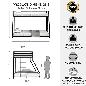 Twin Over Full Bunk Bed - LifeSky Metal Bunkbeds Full Bottom Low Profile Removable Side Ladder Black