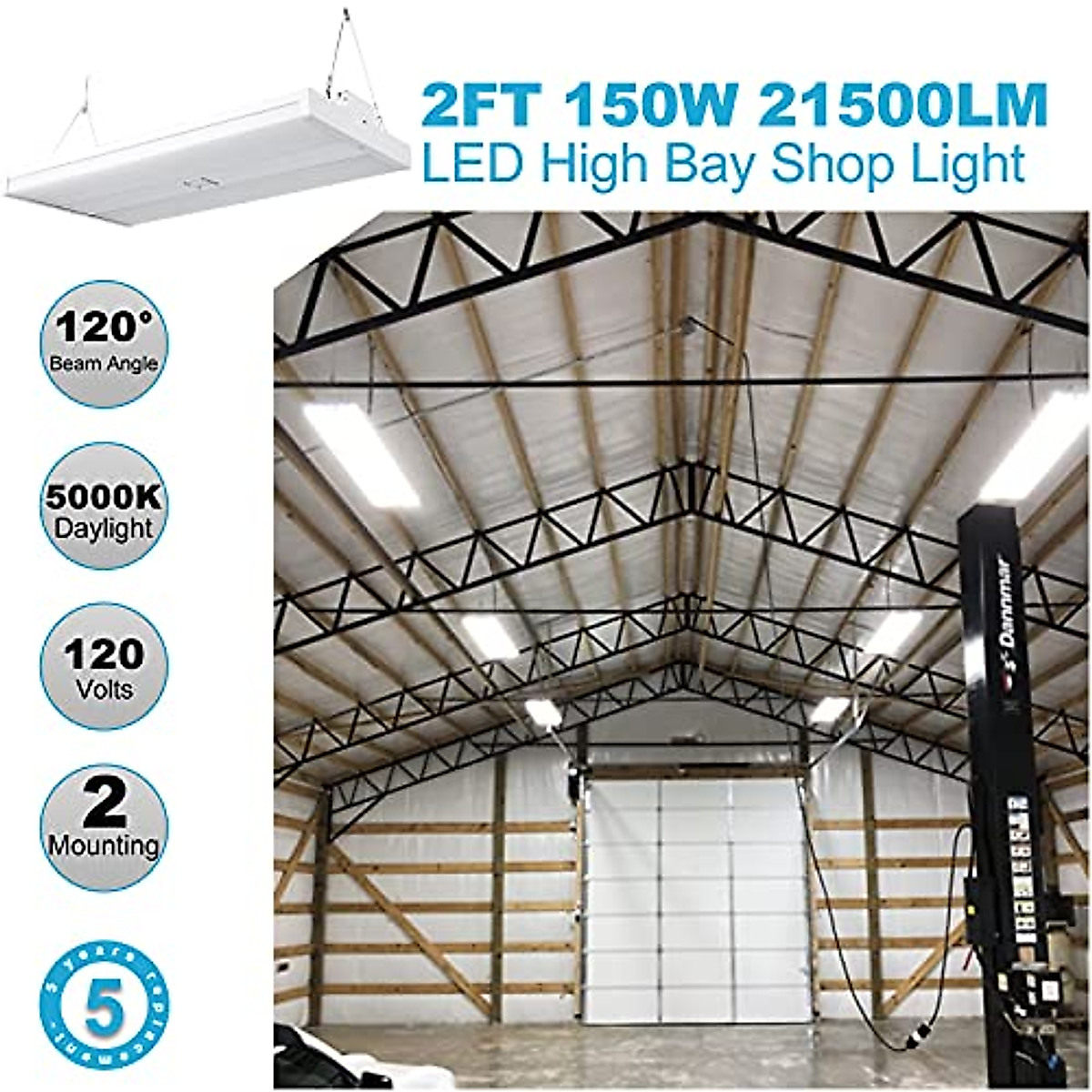 Lightdot 2 Pack LED High Bay Shop Light, 2FT (Large Area Illumination) 150W [Eqv.600W MH/HPS] 5000K Commercial Warehouse Linear Hanging Light for Workshop Energy Saving Upto 5600KW*2/5Yrs(5Hrs/Day)