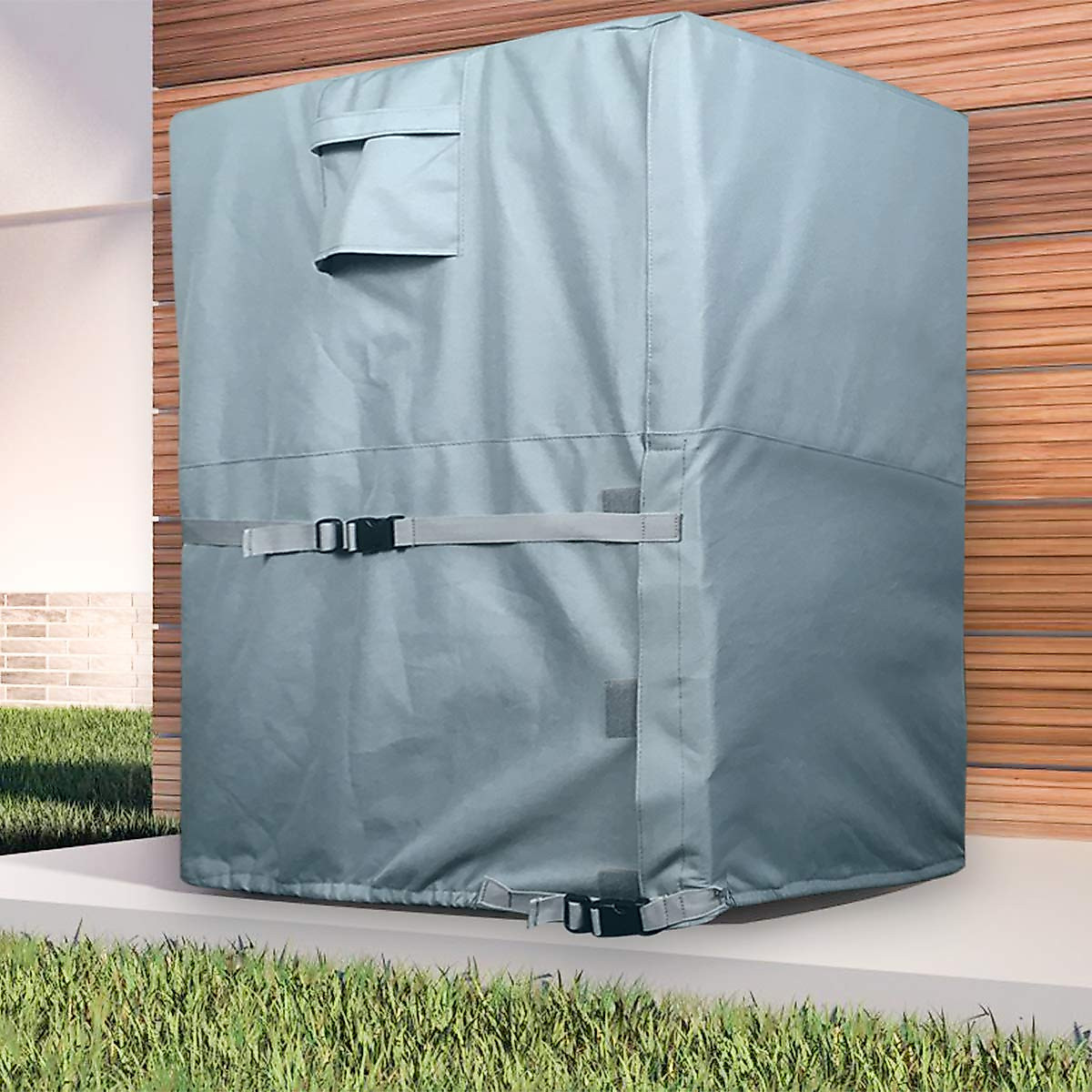 LBG Products Square Air Conditioner Cover for Central AC Outdoor Condenser Units, Heavy Duty All Weather Protection, 32L x 32W x 36H inches,Grey Color with Light Blue