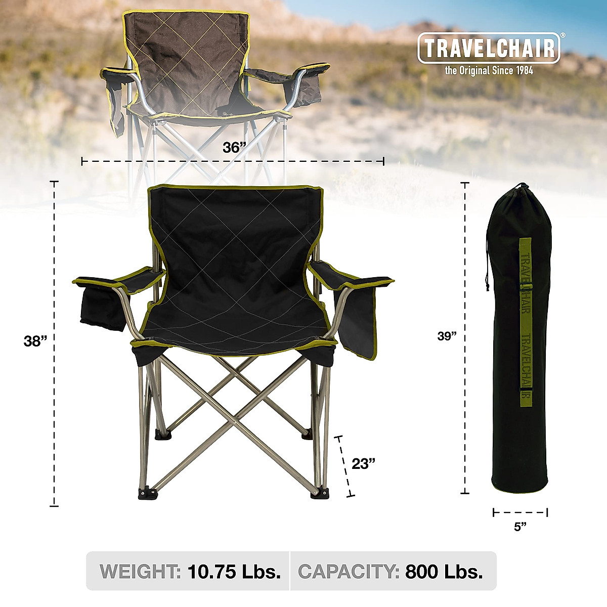 TravelChair Big Kahuna Chair, Supersized Camping Chair, 800lb Capacity, Brown/Lime, One Size (599)