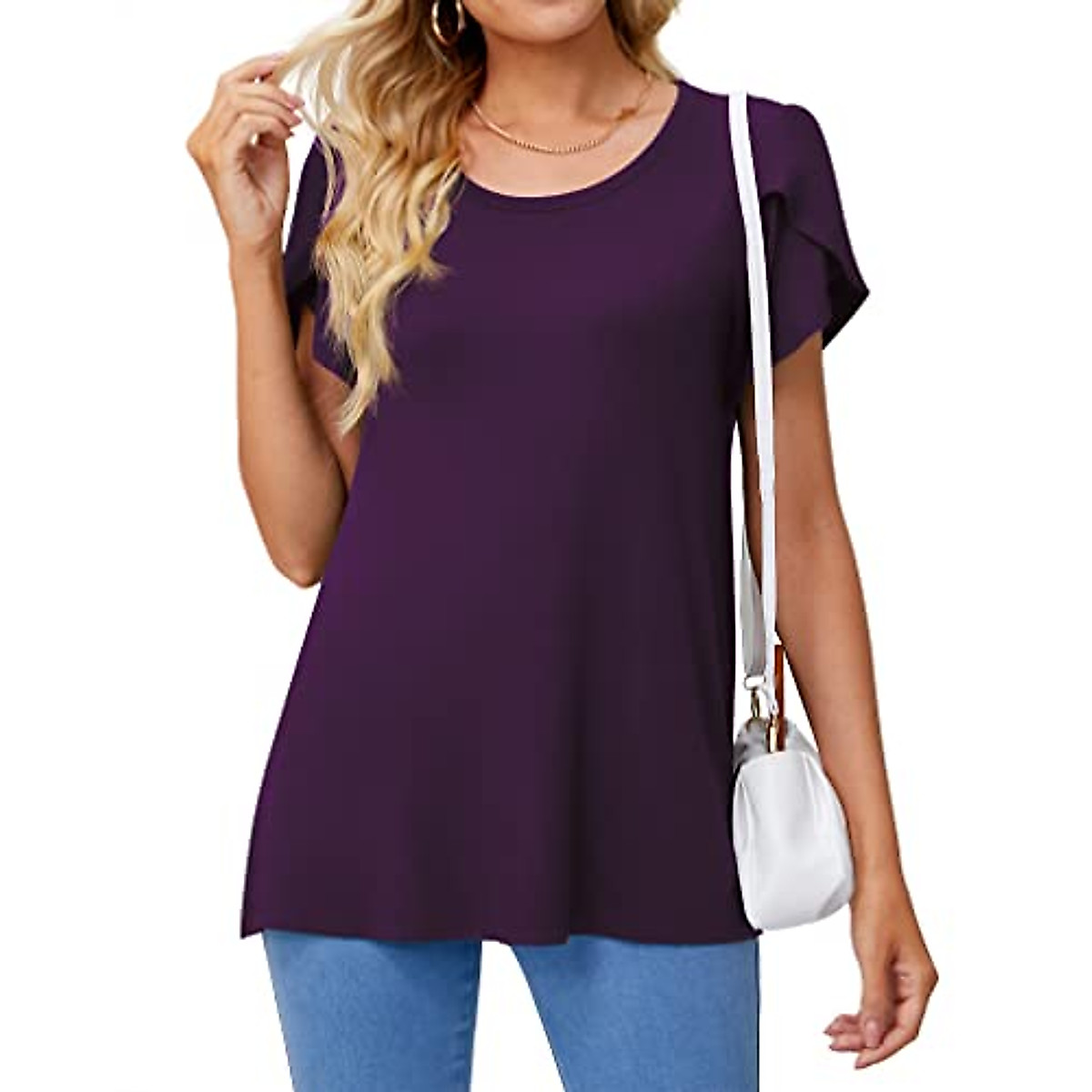 DILIUXING Womens Tops Crew Neck Short Sleeve Shirts Summer Casual Solid Tunic Tshirt, Purple, XX-Large