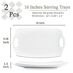 Serving Tray with Handles Large Rectangle Serving Platter for Entertainment, Party, Display, 16 inch Porcelain Platters, Set of 2, White
