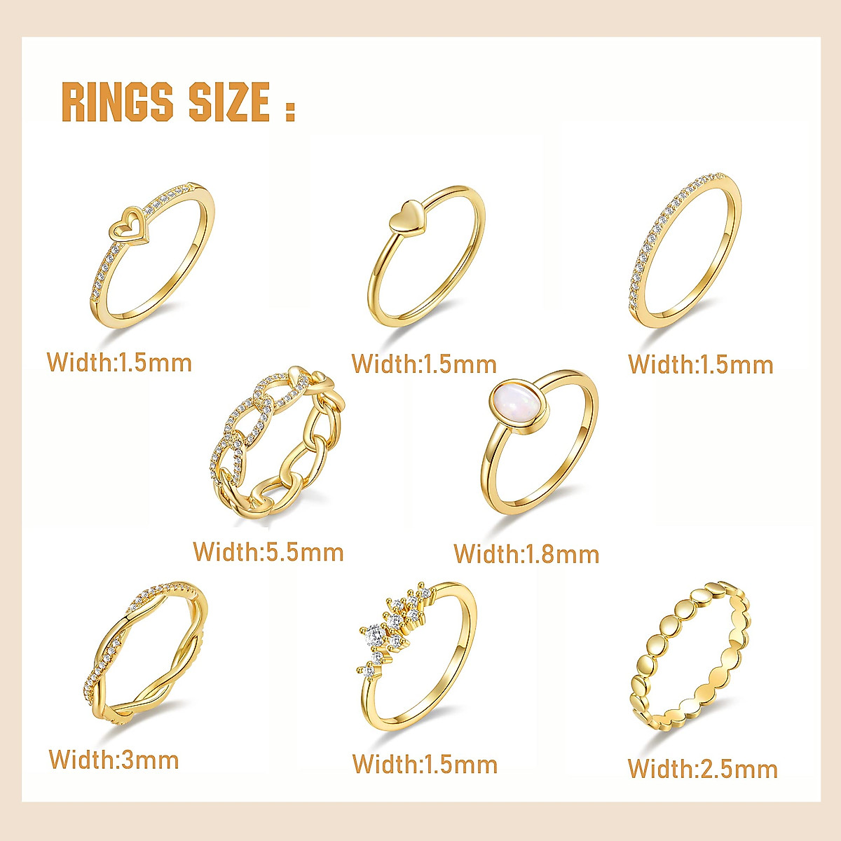 PLOMFOV 14K Gold/Silver Plate Stacking Rings Set for Women CZ Heart Simple Cute Stackable Rings Dainty Trendy Gold Statement Rings Plain Band Size 4-11 Gold 7