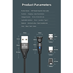 RETTOPS 540°, 7 pin Rotation USB Magnetic Charging Cable, 3 in 1 Charger [4-Pack, 3ft/3ft/6ft/6ft] 3A Fast Charging Cable Support Data Transfer Magnetic Charger Cable for iPhone/Micro USB/Type C