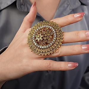 YERTTER Vintage Boho Gold Big Craving Women Rings Statement Rhinestone Big Roud Crystal Ring Adjustable Expandable Open Wrap Ring Stylish Indian Hand Accessories for Women Party Gift (style 2)