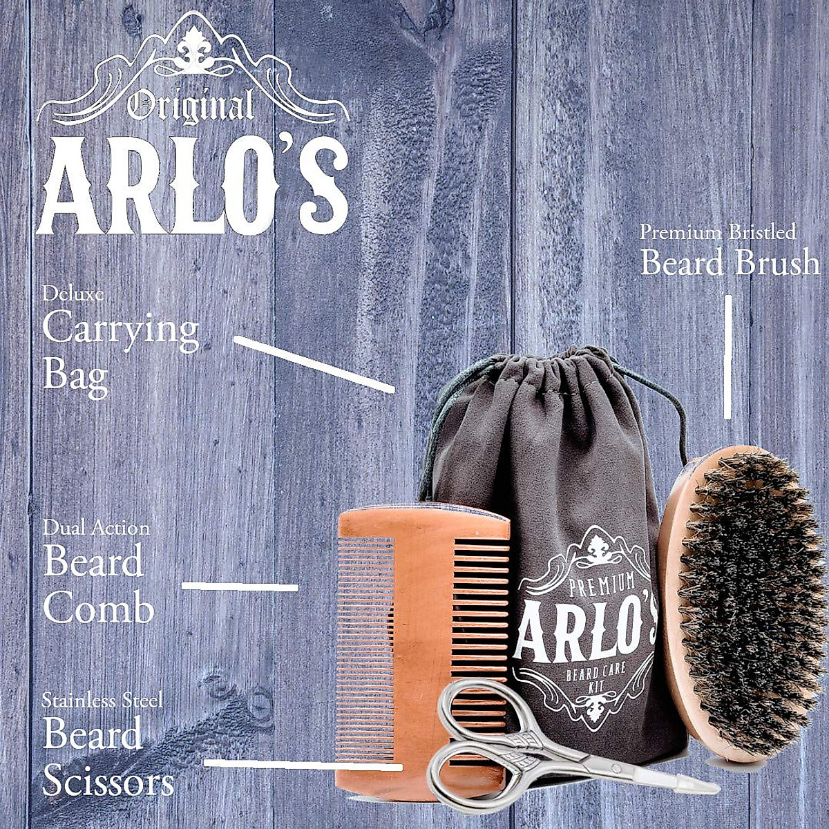 Arlo's 5-PC Mens Premium Beard Grooming Kit w/Coconut Beard Oil 2.5oz Beard Oil, Beard Brush, Beard Comb, Beard Scissors & Carry Bag
