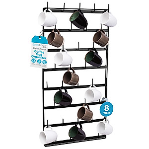 BirdRock Home 36 Peg Mug Rack for Wall - Coffee Tea Cup Glass Storage Holder - Coffee Bar Display Décor - Decorative Kitchen Organizer - Heavy Duty Rack - Flat Black Metal Steel