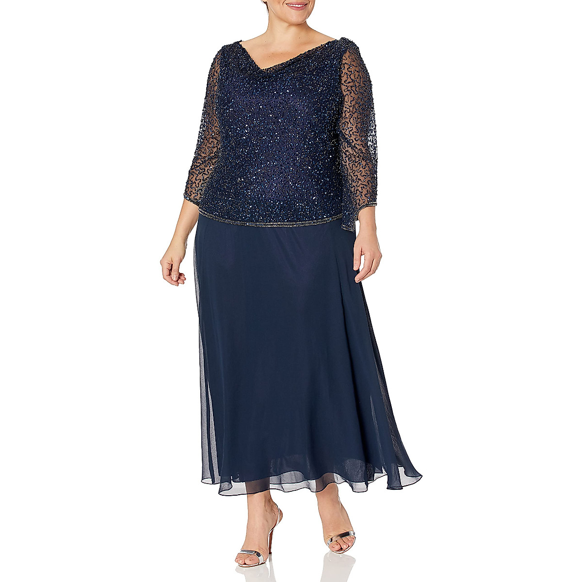 J Kara Women's Plus Size Long Beaded Dress with Cowl Neck, Navy/Mercury, 20W