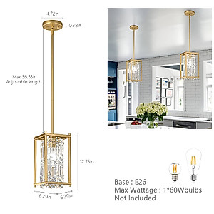 LMQNINE Dining Room Light Fixture Semi Flush Mount Ceiling Light, Industrial Farmhouse Chandelier Gold Metal Crystal Pendant Light for Hallway Balcony Kitchen Island (Square 1-Light)