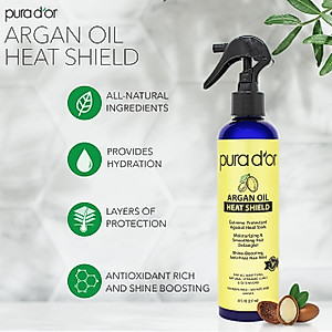 PURA D'OR 8 Oz Argan Oil Heat Shield Protectant Spray with Select Organic Ingredients, Protects Up To 450º F From Flat Iron & Hot Blow Dry, Leave-In, Define & Shine Dry & Damaged Hair