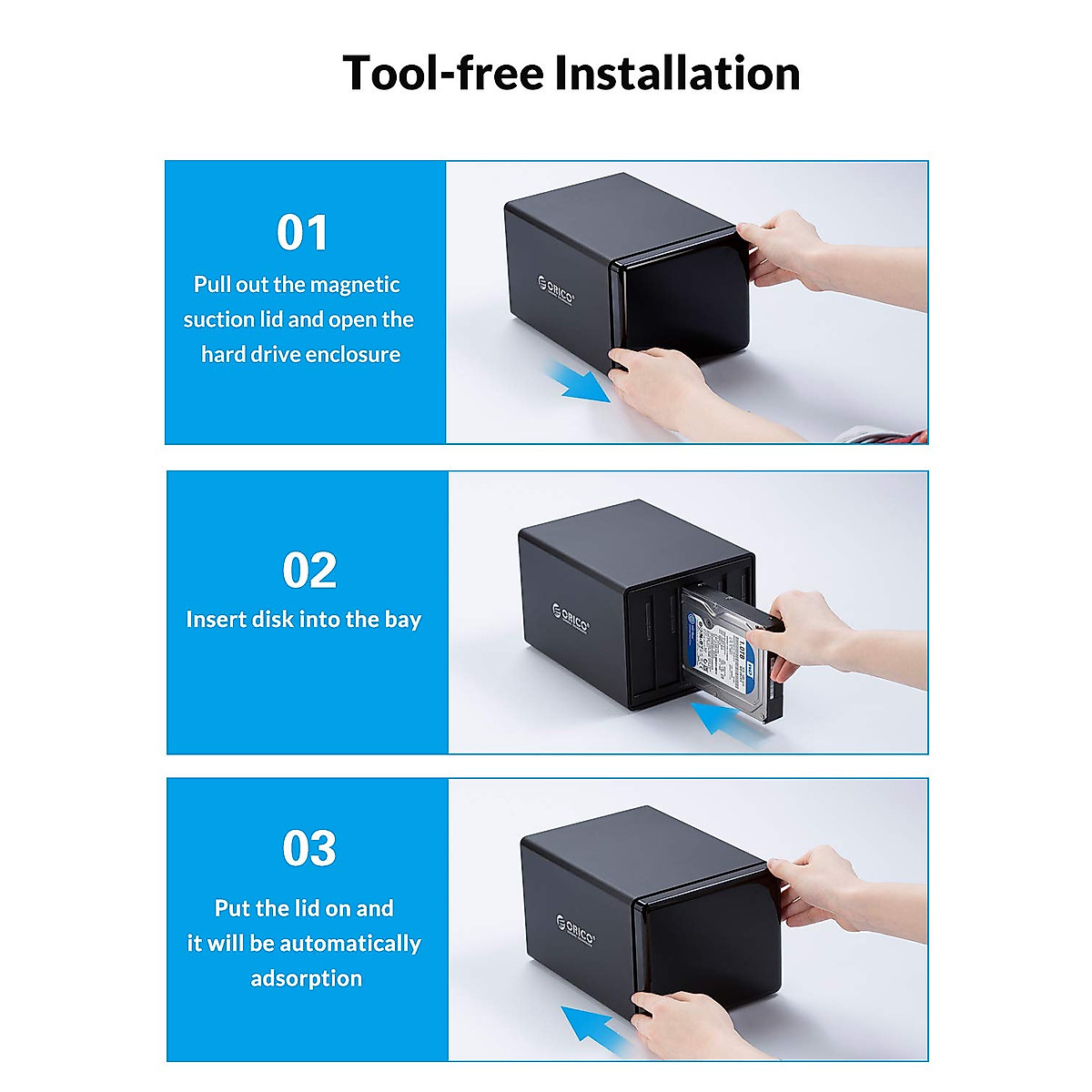 ORICO 5 Bay Raid Hard Drive Enclosure USB C Magnetic Aluminum HDD Enclosure with Fan for 3.5inch All SATA HDD Support 7 RAID Modes, Storage Expansion Up to 80TB for Office and Home- NS500RC3