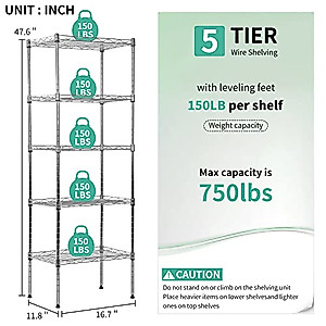 XXkseh 5 Tier Storage Shelves Wire Shelving Unit Adjustable Metal Shelf Heavy Duty Garage Storage Rack Wire Shelves Display Rack for Laundry Livingroom Kitchen, 16.7" L×11.8" W×47.6" H, Chrome