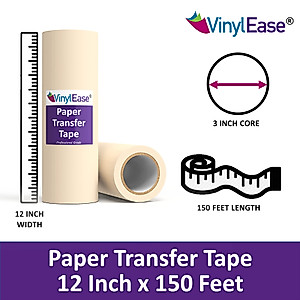 Vinyl Ease 12 inch x 150 feet roll of Paper Transfer Tape with a Medium Tack Layflat Adhesive. Works with a Variety of Vinyl. Great for Decals, Signs, Wall Words and More. V0844