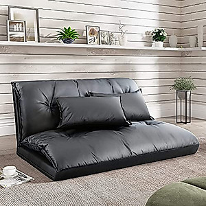 Adjustable Floor Sofa Bed with 2 Pillows , Folding Futon Couch Leisure Lazy Sofa with 5 Reclining Position, PU Floor Sofa for Reading or Gaming in Bedroom/Living Room/Balcony,Black