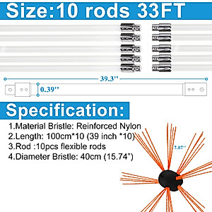 VEJESIME Chimney Brush, 33ft Chimney Sweep Kit, Chimney Cleaning Kit with 10 Nylon Flexible Rods, Electrical Rotary Drill Drive Sweeping Cleaning Tool Kits for Sweeping Fireplace (10 Rods)