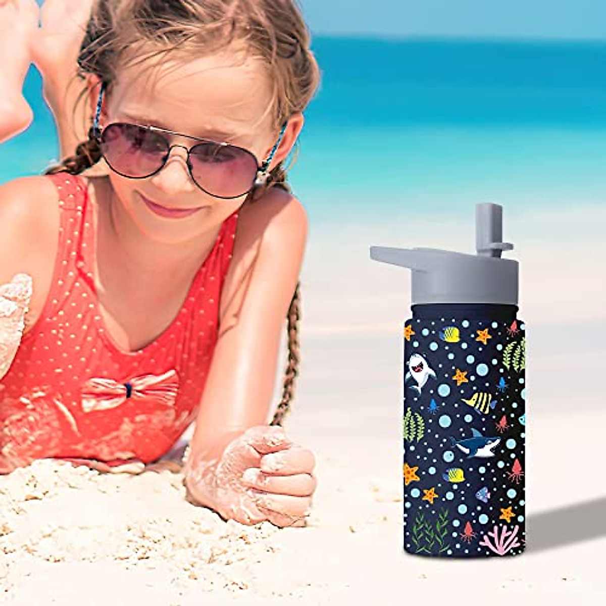 ARCQUESE 15oz Ocean Shark Kids Insulated Stainless Steel Water Bottle With Straw & Brush,Christmas Birthday Gifts for School Kids Shark, Sea Life - Hand Wash Only