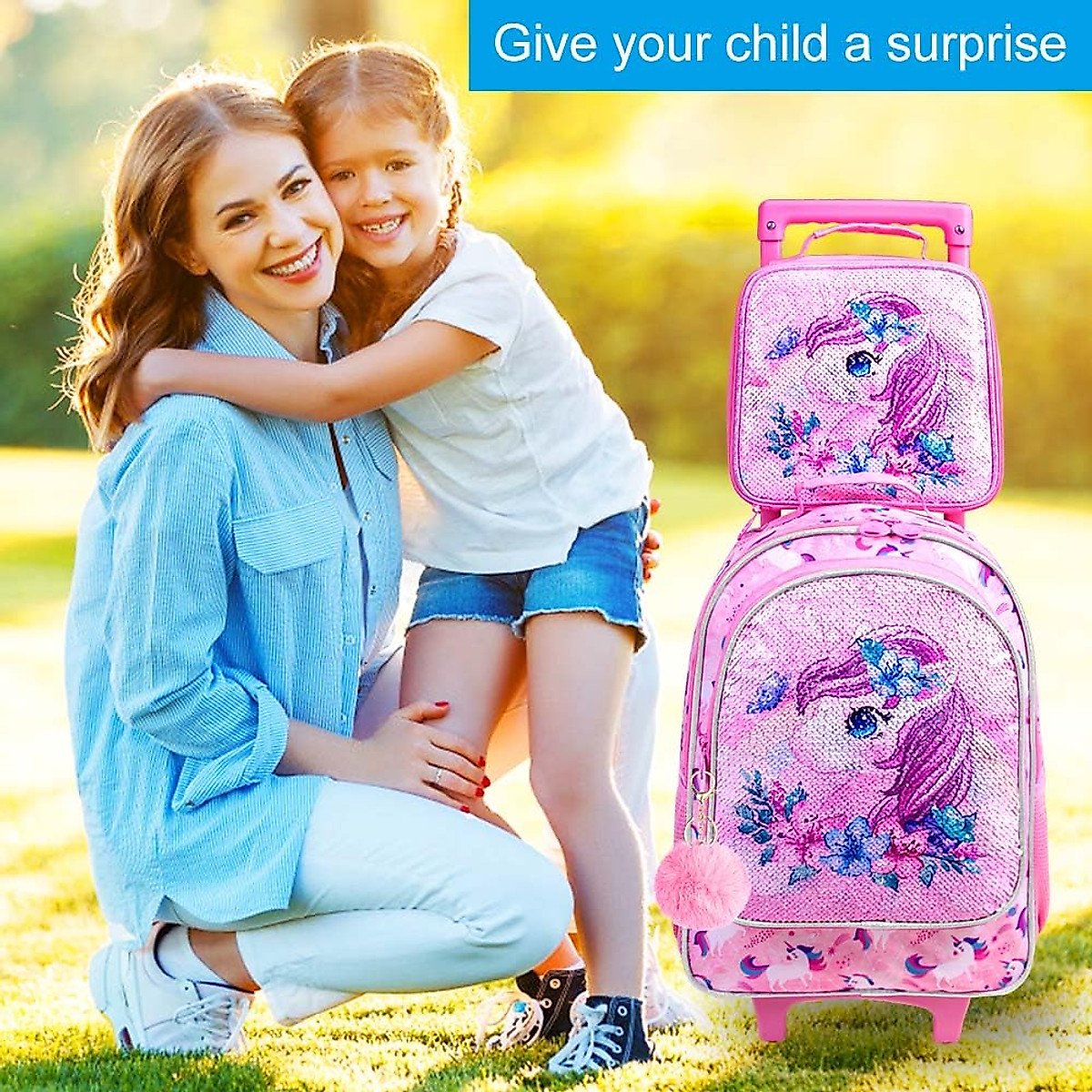 KLFVB Rolling Backpack for Girls, Kids Roller Wheels School Bookbag with Lunch Bag, Wheeled School Bag for Children - Unicorn