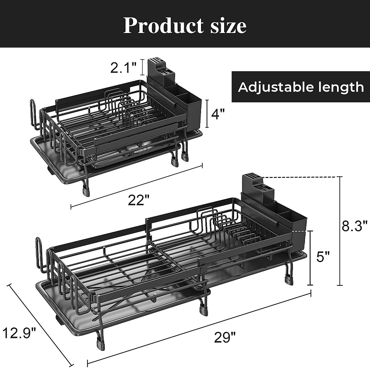 Famhap Large Dish Drying Rack - Extendable (22"-29" L) Dish Rack with Drainboard Set, Multifunctional Dish Rack for Kitchen Counter, Anti-Rust Drying Dish Rack with Cutlery & Cup Holders, Black