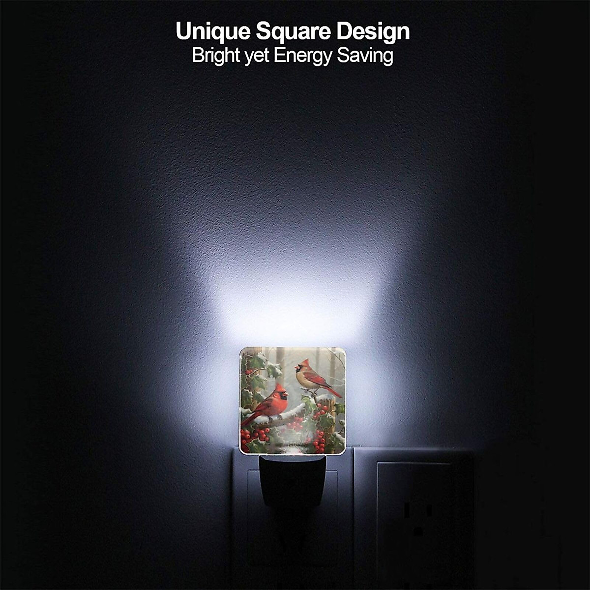 Christmas Red Birds Night Light Set of 2, Winter Snow Auto Sensor LED Dusk-to-Dawn Nightlights, Plug-in Sensor Lamp for Bedroom Bathroom Kitchen Hallway Stairs Decorative