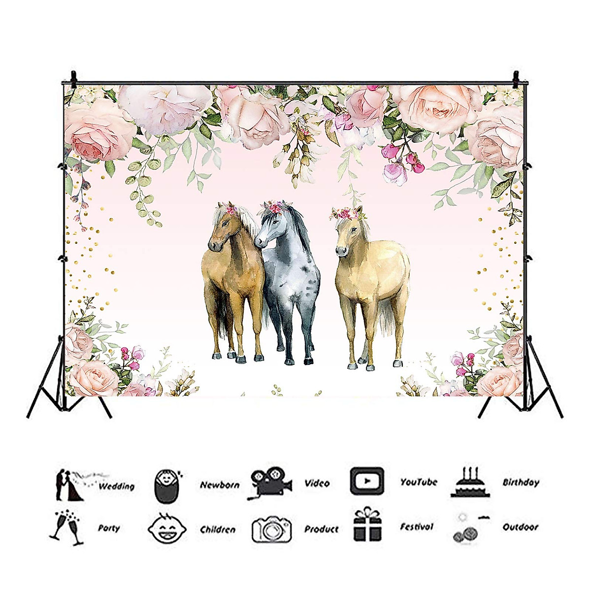 Pink Flower Countryside West Cowboy Cowgirl Horse Theme Photography Backdrop 5x3ft Children Boy or Princess Girl Birthday Photo Background Baby Shower Party Supplies Banner Cake Table Decor Vinyl