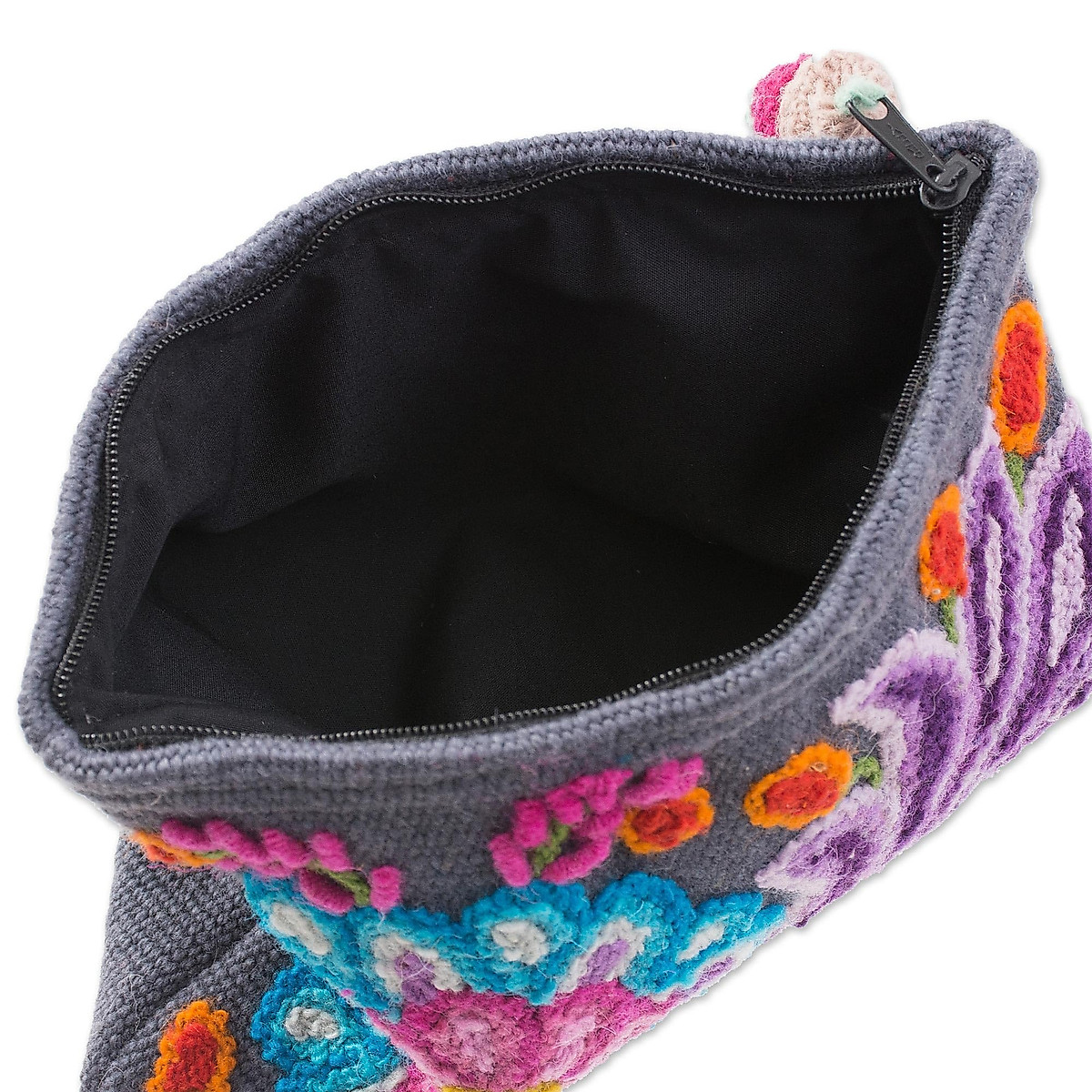 NOVICA Artisan Hand Embroidered Alpaca Clutch Floral in Slate from Peru Wool Handbags Grey Multicolor Clutches Patternedembroidered ' Midnight Delight'