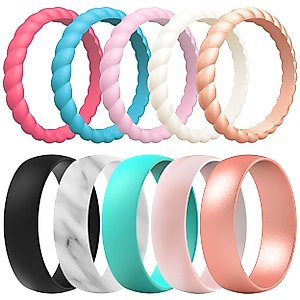 ThunderFit Silicone Wedding Rings for Women, Swivel and Round 10 Mixed Rubber Engagement Bands (Size 7.5-8 (18.2mm))