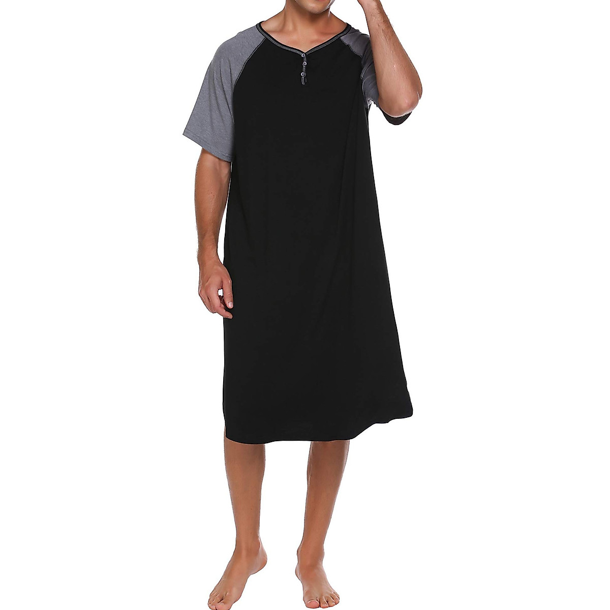 Ekouaer Plus Size Nightshirts Men's Short Sleeve Nightwear Long Lightweight Kaftan Sleep Tops (Black,XXL)