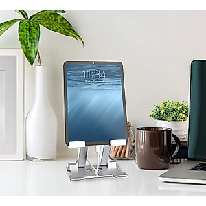 KABCON Quality Tablet Stand,Adjustable Foldable Eye-Level Aluminum Solid Up to 15-in Tablets Holder for Microsoft Surface Series Tablets,iPad Series,Samsung Galaxy Tabs,Amazon Kindle Fire,Etc.Silver