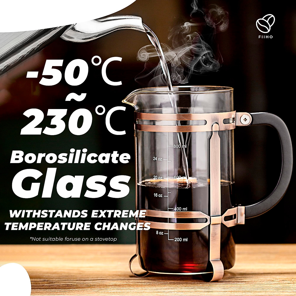 French Press Coffee Tea Maker（34oz）,304 Stainless Steel Coffee Press with 4 Filters Screen-100% No Residue -German Heat-Resistant Borosilicate Glass- BPA FREE -Dishwasherable，Copper