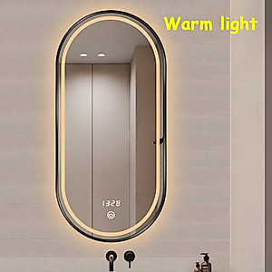Black Oval Bathroom Mirror With LED Light, Wall Mirror With Aluminium Frame, Decorative Mirror, LED Illuminated Makeup Mirror, Infinitely Dimmable, 3-colour Light ( Color : Black , Size : 50x80CM )